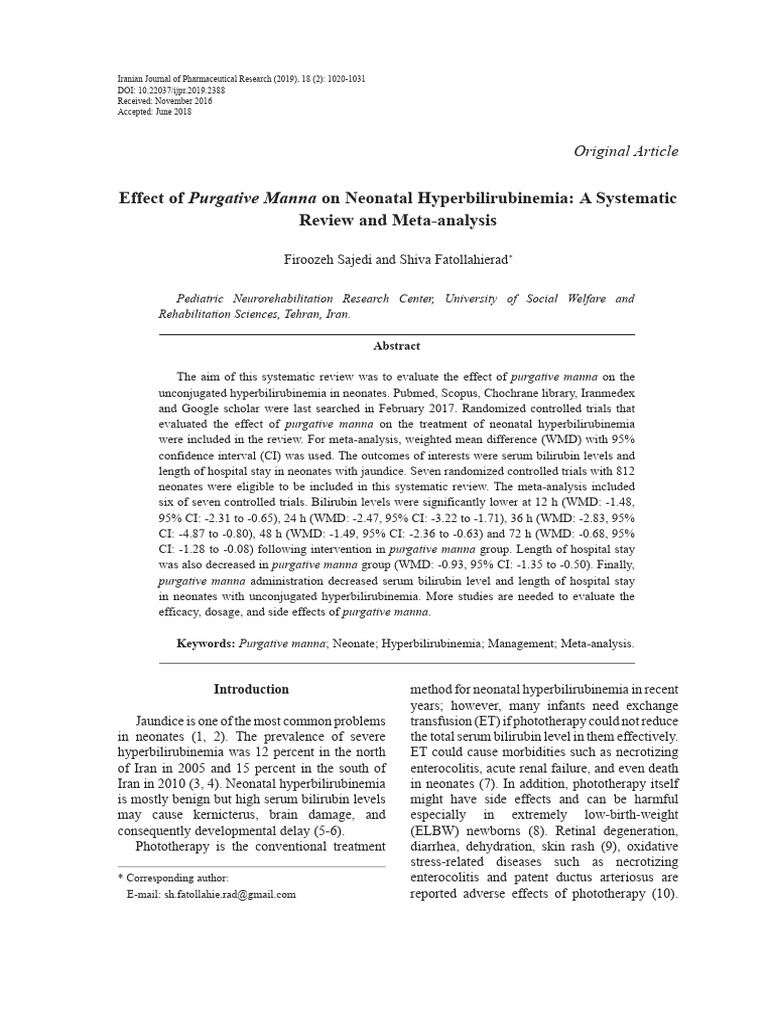 Effect of Purgative Manna On Neonatal Hyperbilirubinemia A Systematic ...