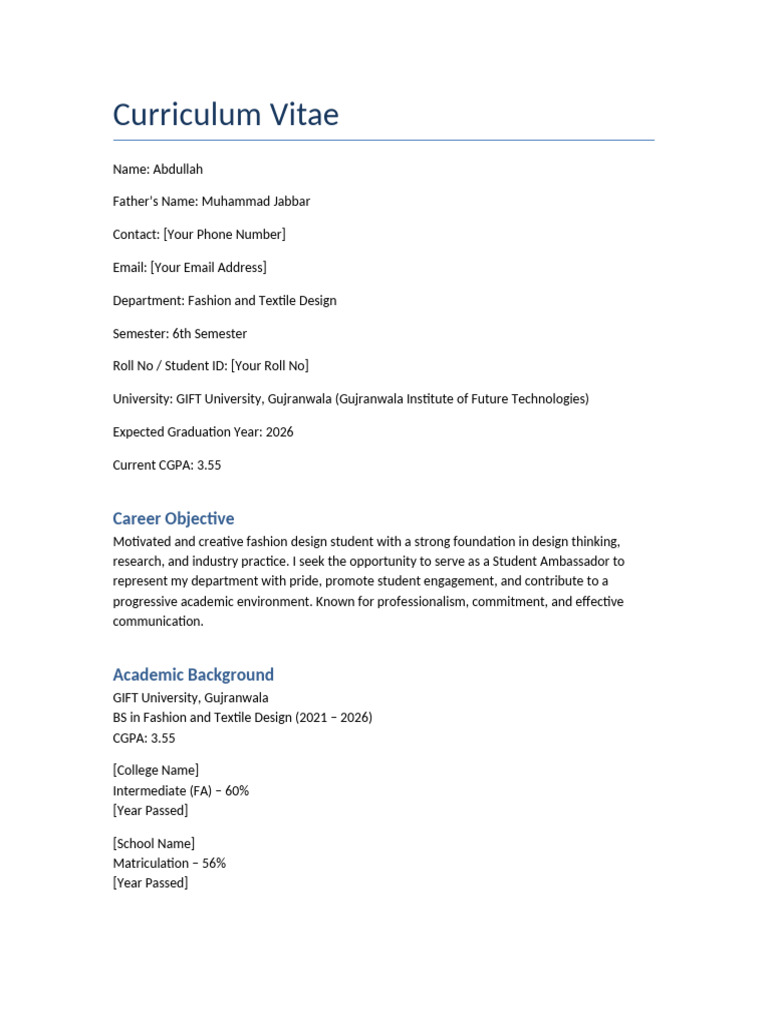 Student Ambassador CV for Abdullah | PDF | Design | Learning