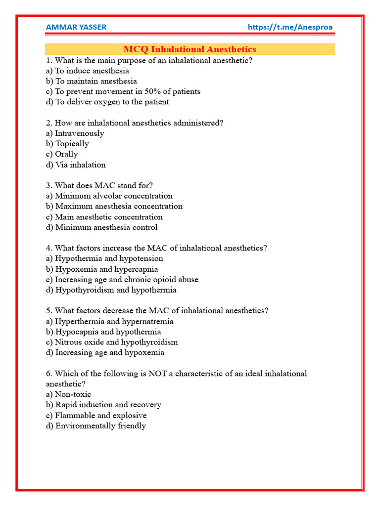 Inhalational Anesthetics MCQ Guide | PDF | Anesthesia
