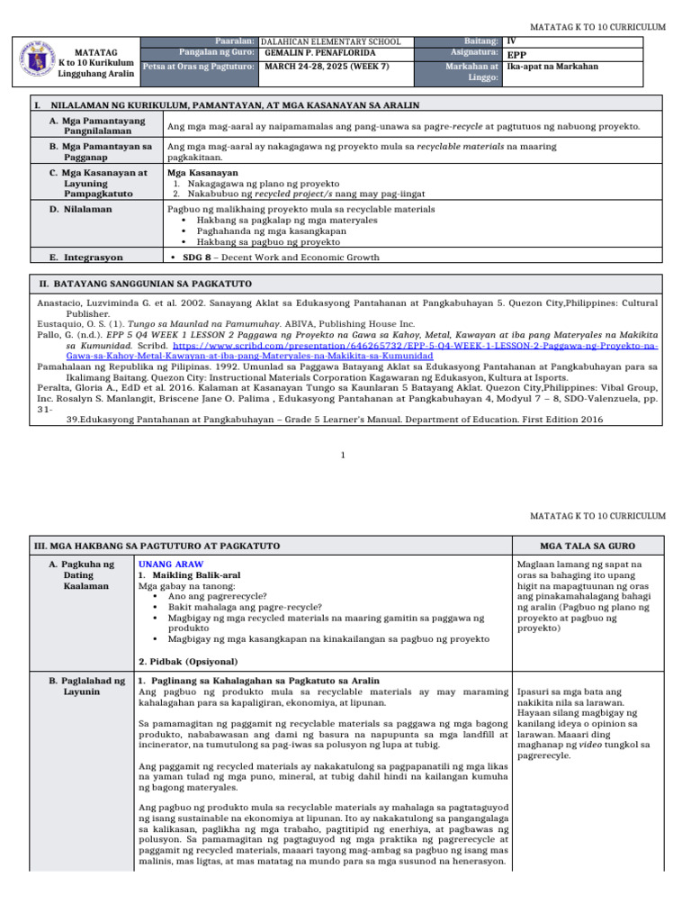 DLL Matatag - Epp 4 q4 w7 | PDF
