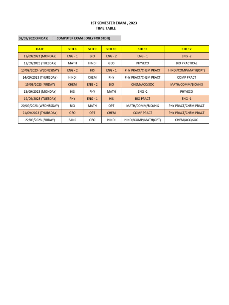 1st Semester Exam Schedule 2023 | PDF