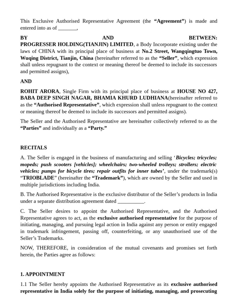 Exclusive Authorised Representative Agreement | PDF | Indemnity | Trademark