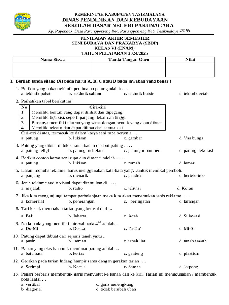 Soal Pas Kelas 6 - SBDP | PDF