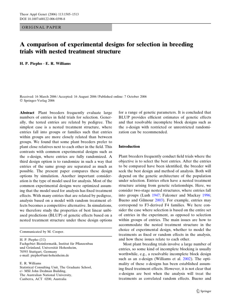 A Comparison of Experimental Designs For Selection in Breeding | PDF ...