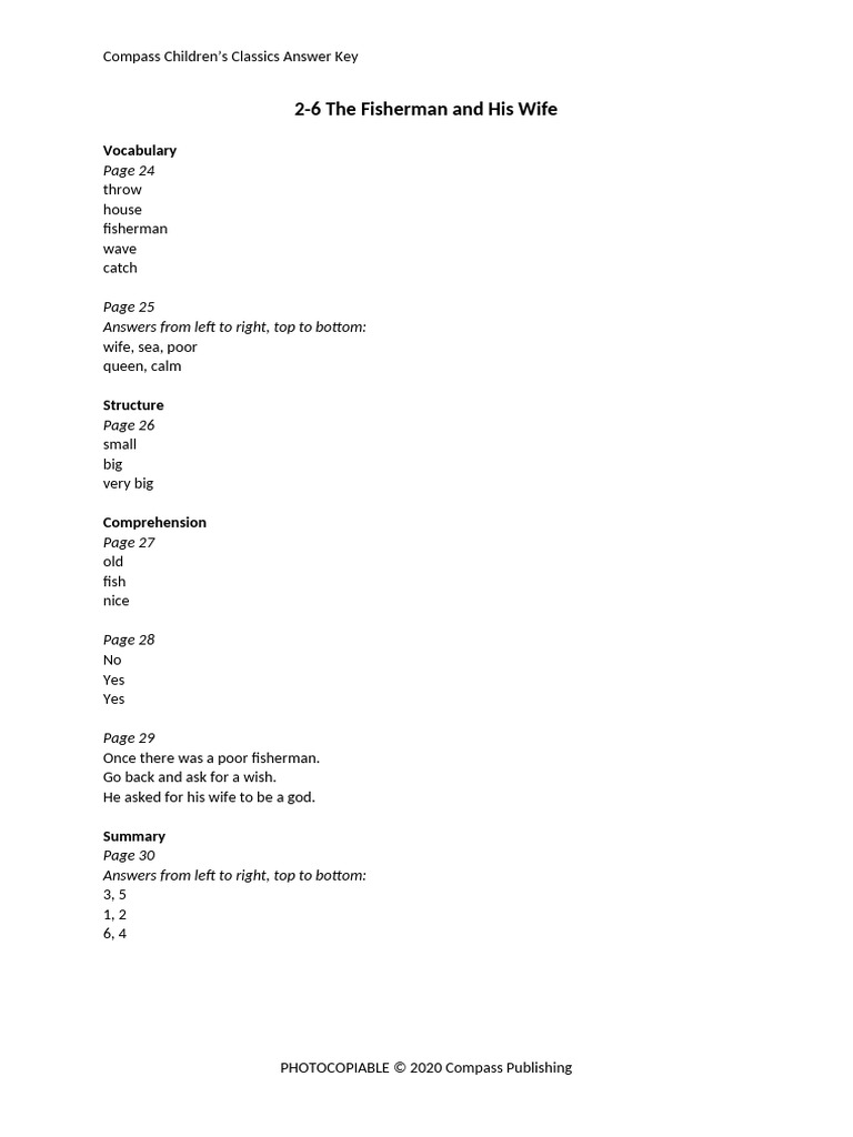 Fisherman and His Wife Answer Key | PDF