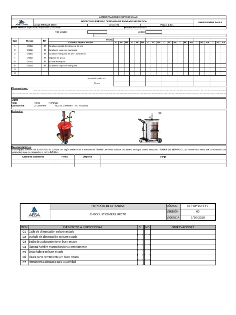 Fr-Mant-Cl-16 Check List Bomba de Engrase Neumatica | PDF