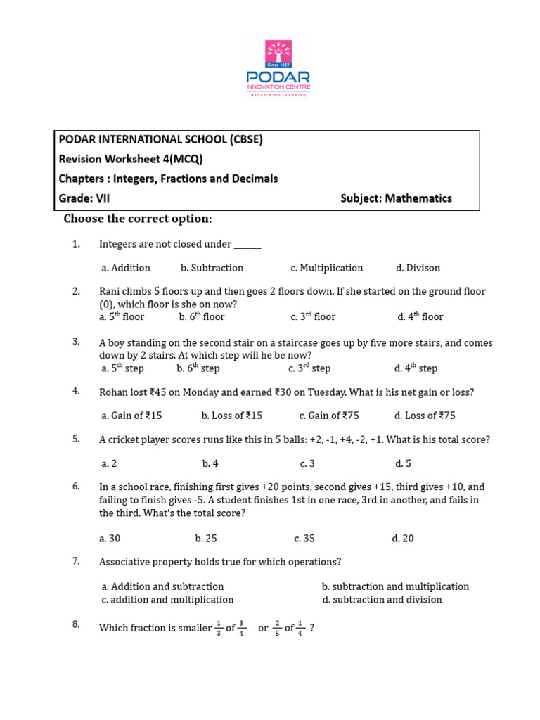 Grade 7 Revision Worksheet - MCQ Final | PDF | Subtraction | Multiplication