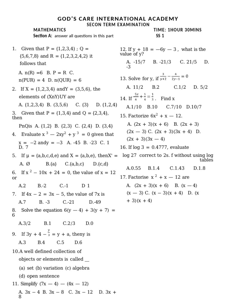 2025 ss1 2nd Term GODS CARE Maths | PDF | Mathematics | Algebra