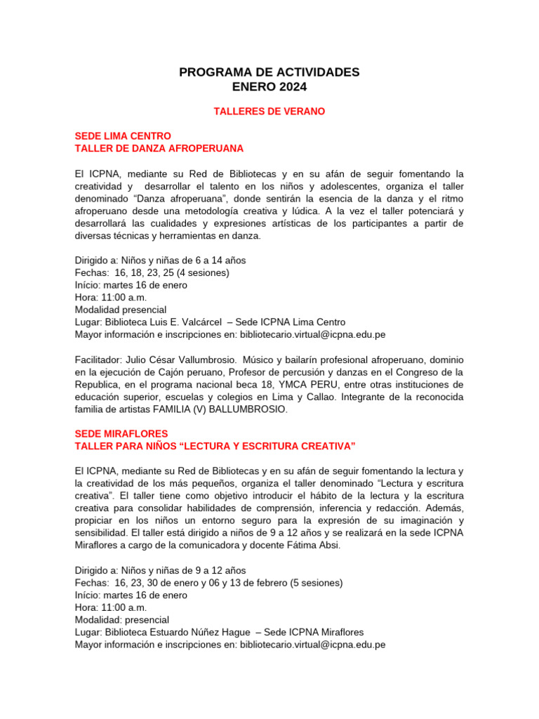Programa Enero 2024 | PDF | Lima | Comprensión lectora