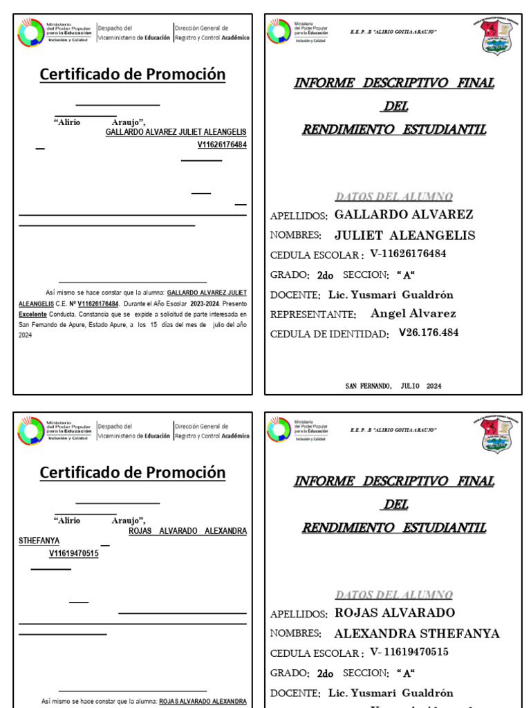 Certificados de Promoción Escolar 2024 | PDF | Educación primaria ...