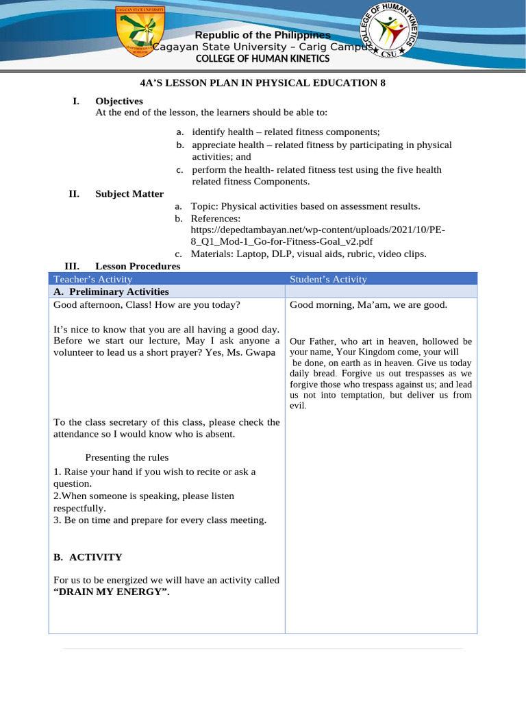 PE 8 Lesson Plan: Health-Related Fitness | PDF | Physical Fitness ...