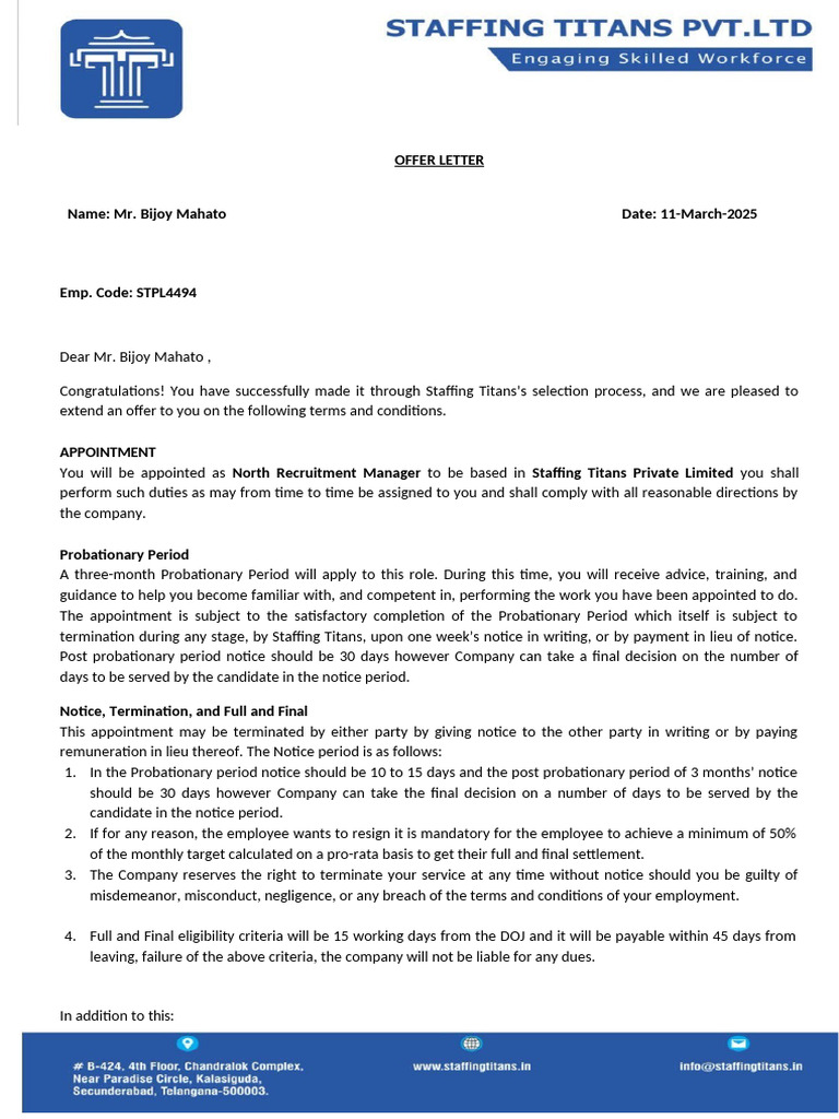 Mr. Bijoy Mahato - Stpl4494-Offer Letter - Staffing Titans | PDF ...