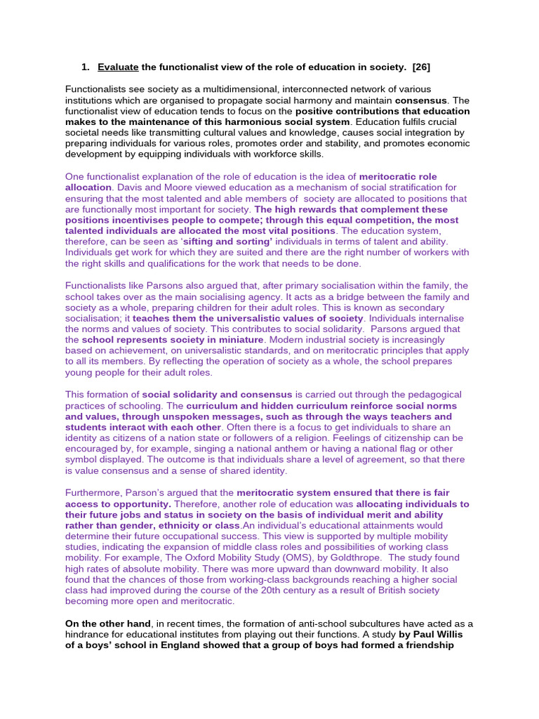Evaluate The Functionalist View of The Role of Education in Society ...