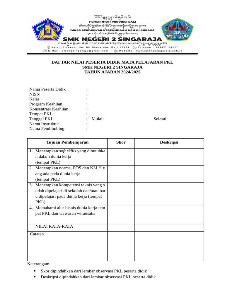 Form Rekap Nilai | PDF
