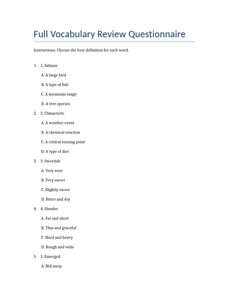 Complete Vocabulary Review Questionnaire | PDF