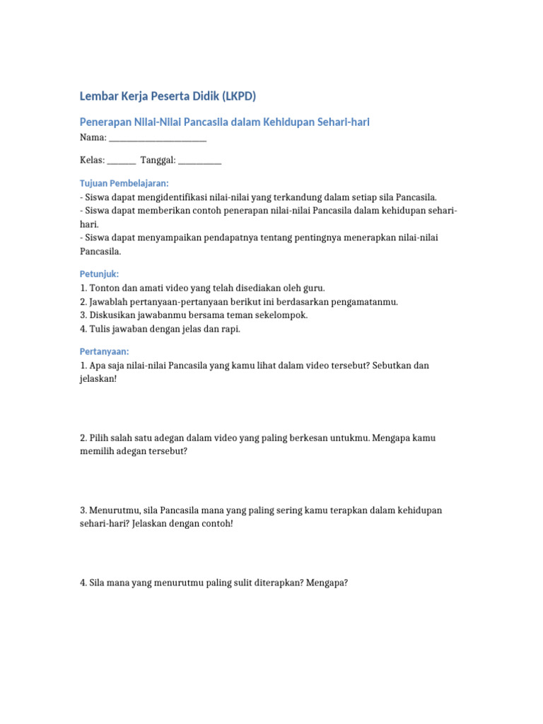 LKPD Penerapan Nilai Pancasila | PDF
