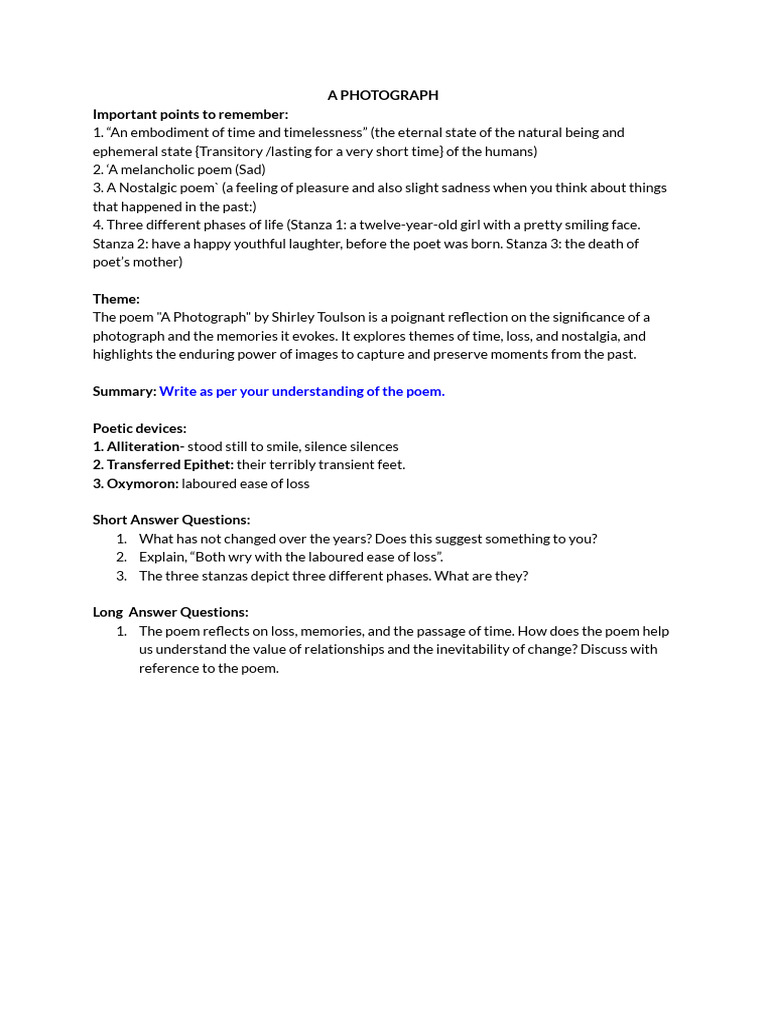 Summary of "A Photograph" Poem | PDF