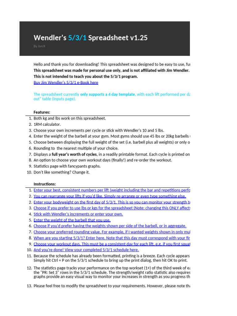Wendler 5-3-1 | PDF | Spreadsheet | Physical Exercise