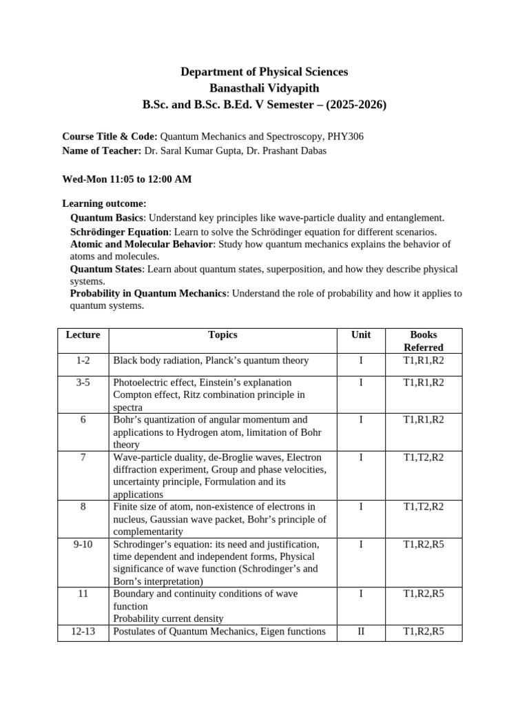 PHY306 (2025-26) Quantum Mechanics & Spectroscopy Handout | PDF | Quantum Mechanics | Energy Level