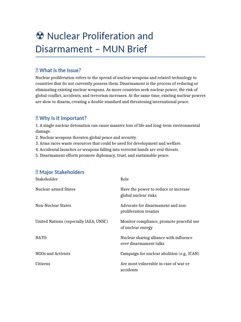 Nuclear Proliferation and Disarmament MUN Brief | PDF | Nuclear Weapons ...