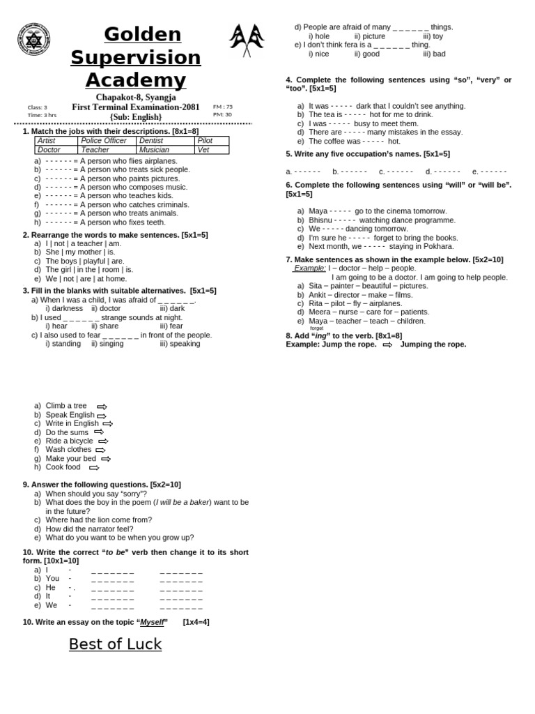 Class 3 English First Term Exam 2081 | PDF
