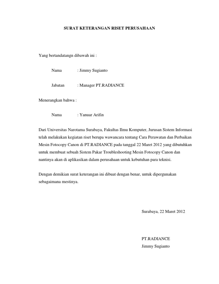 Surat Keterangan Riset Perusahaan | PDF