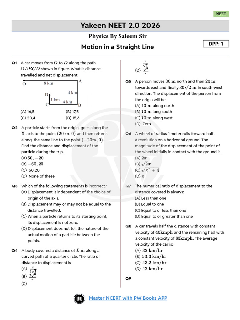 Motion in A Straight Line - DPP 01 (Of Lec-05) - Physics by | PDF | Velocity | Physical Phenomena
