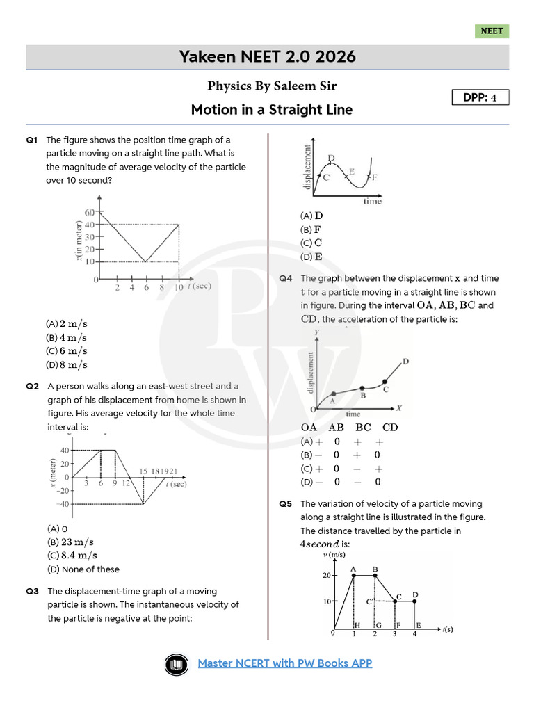Motion in A Straight Line - DPP 04 (Of Lec-07) - Physics by | PDF | Velocity | Acceleration