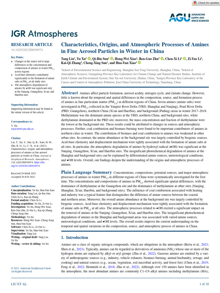 Amines in Winter PM2.5 Across China | PDF | Particulates | Aerosol