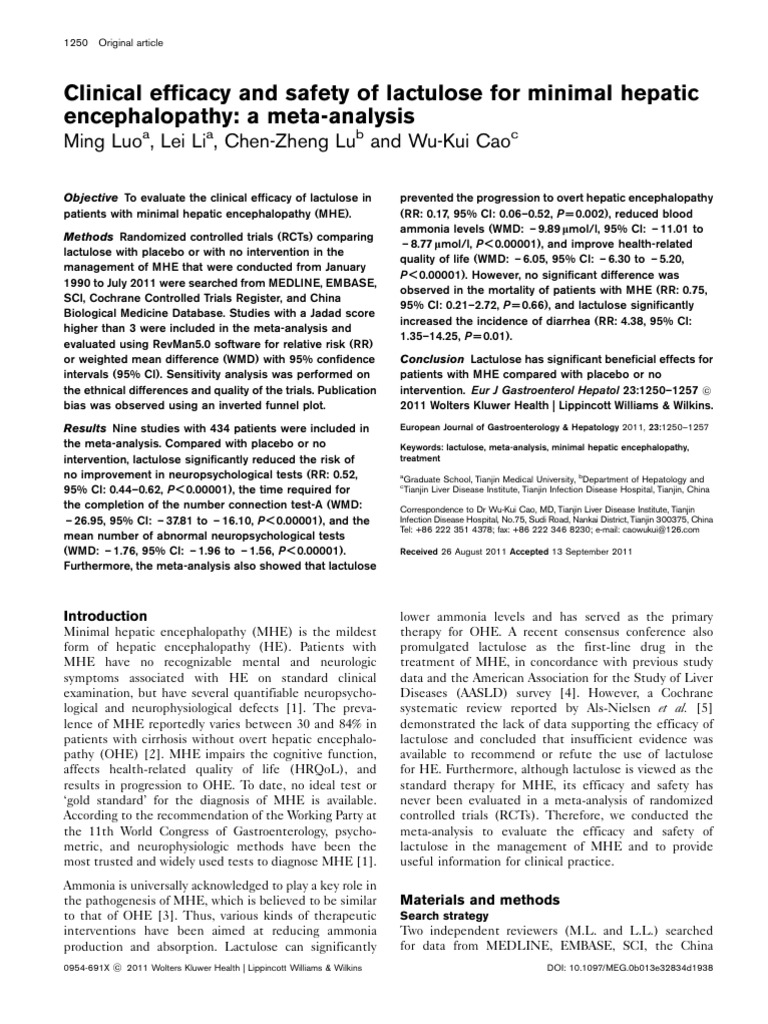 Clinical Efficacy and Safety of Lactulose For Minimal Hepatic ...