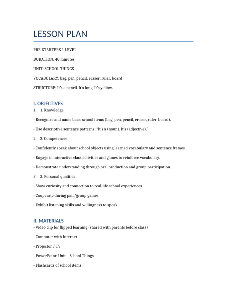 Lesson Plan School Things PreStarters GPT | PDF | Vocabulary | Cognition