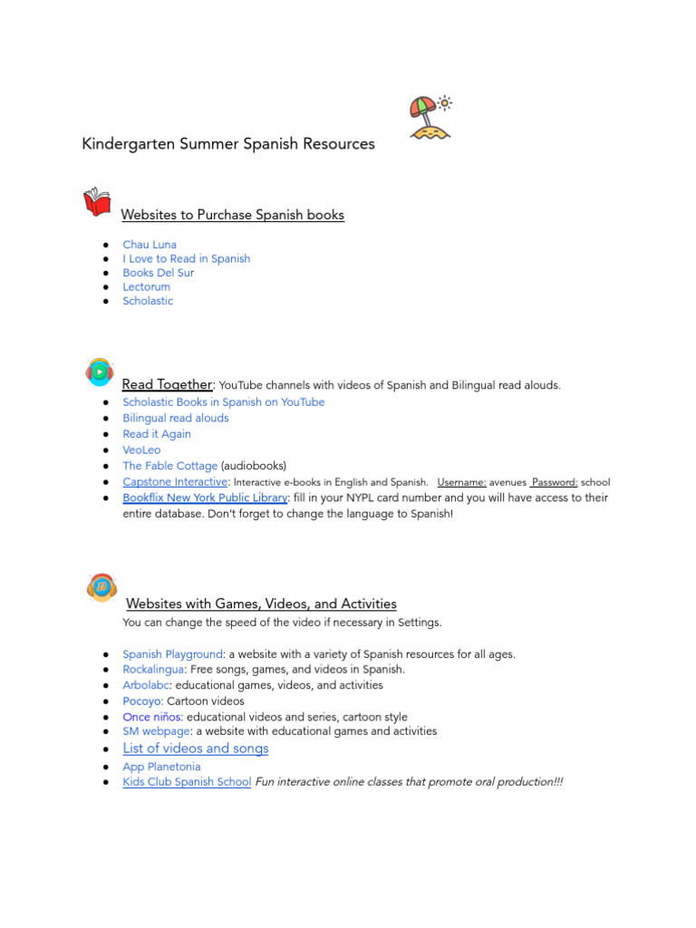 Kindergarten Spanish Summer Resources 2021 | PDF | Human Communication | Learning