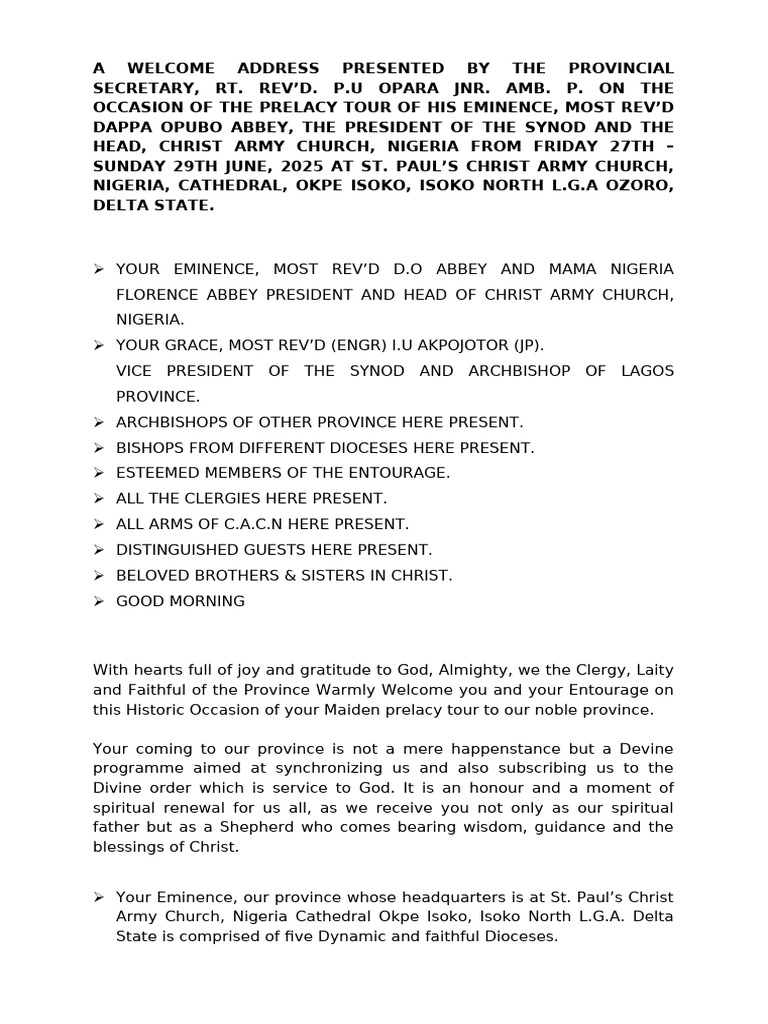 Welcome Address by Christ Army Church | PDF | Synod | Bishop