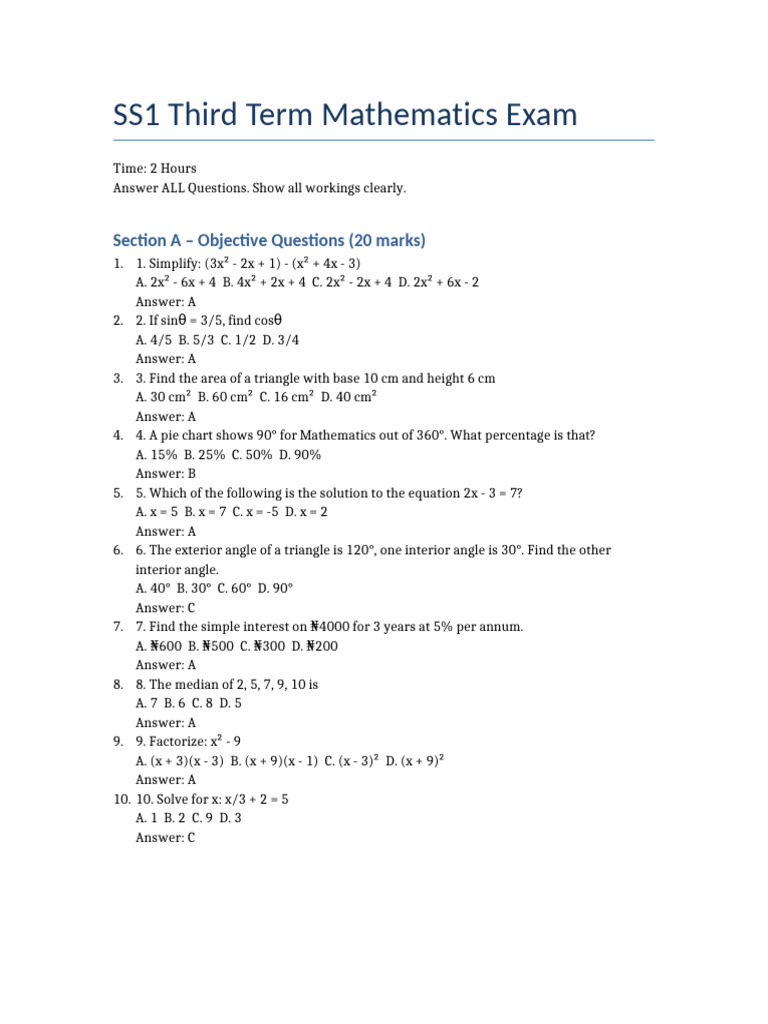 SS1 Third Term Mathematics Exam With Solutions | PDF
