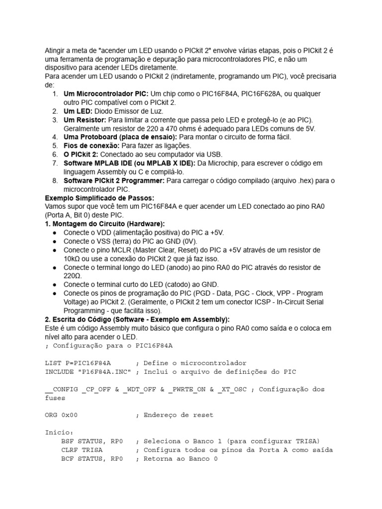 Acender Um Leg Utilizando o Pickit 2 | PDF | Diodo emissor de luz | Linguagem Assembly