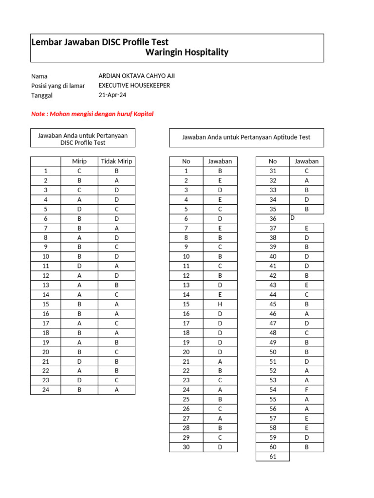 Form Lembar Jawaban Aptitude & Disc | PDF