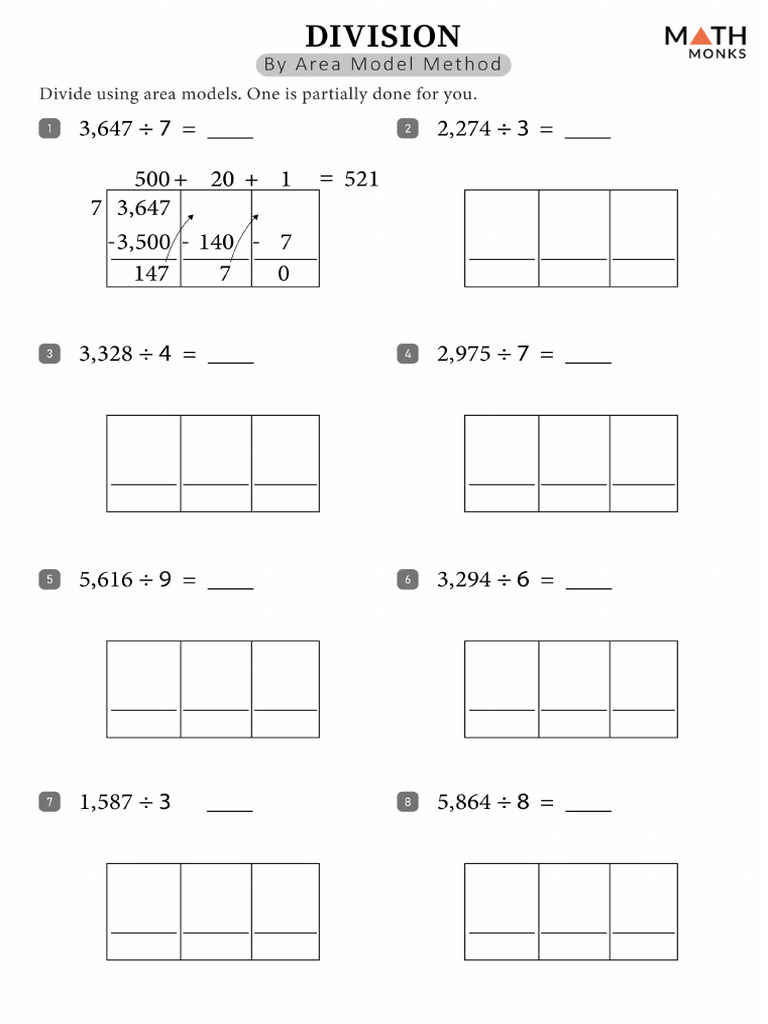 Division Using Area Model Worksheet | PDF