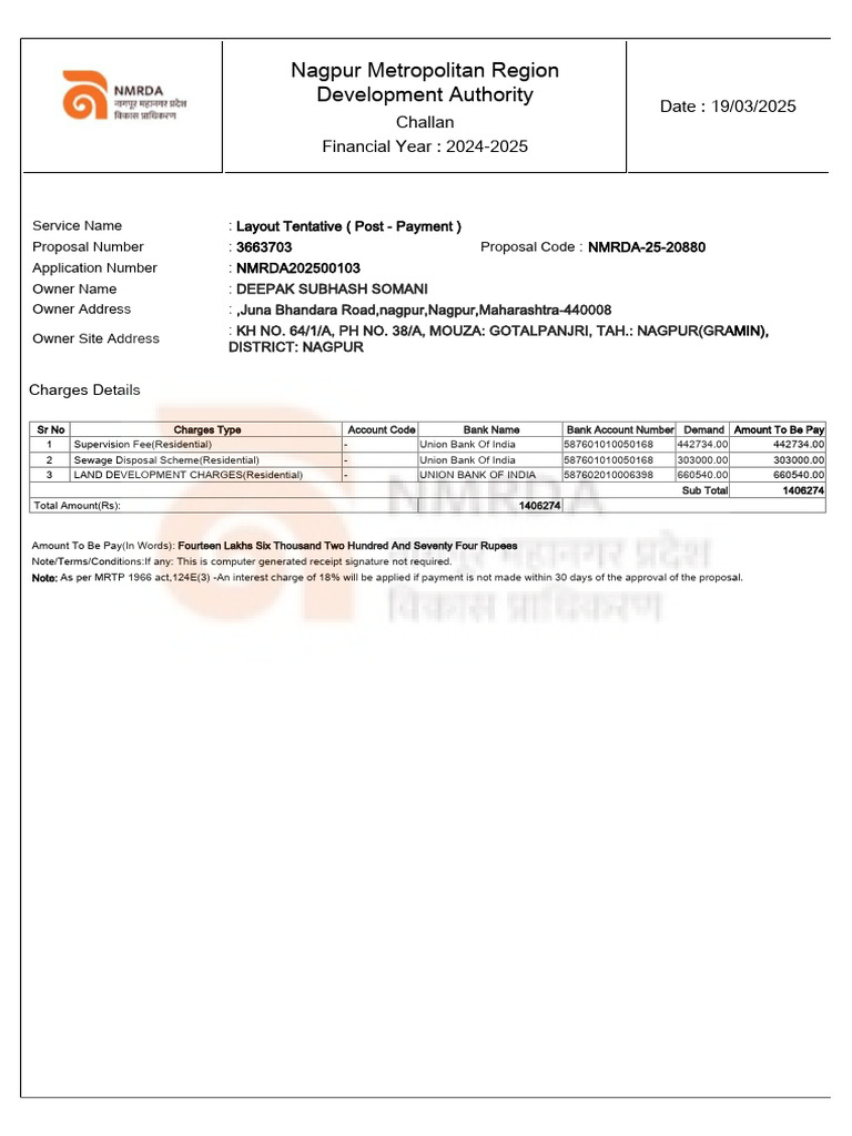 NMRDA Layout Tentative Challan 2024-25 | PDF