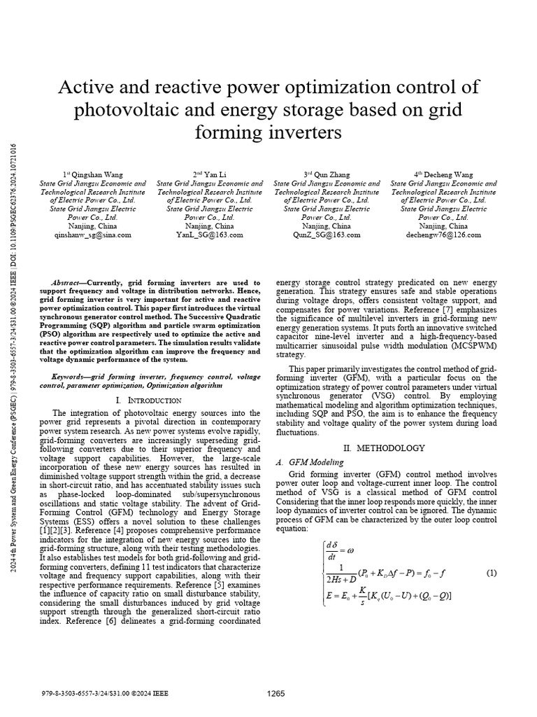 Active and Reactive Power Optimization Control of Photovoltaic and Energy Storage Based On Grid ...