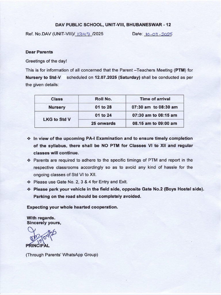 Parents Circular - PTM For Nursery To STD-V Scheduled On 12.07.2025 ...