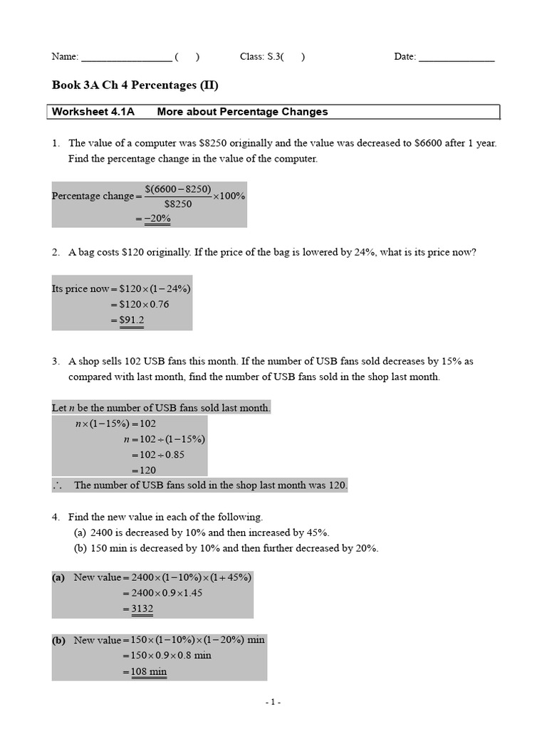 Percentage Change Worksheet for Students | PDF | Interest | Area