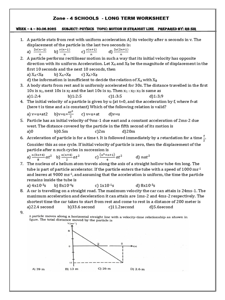 Motion in Straight Line - 30.06.2025 | PDF | Acceleration | Velocity