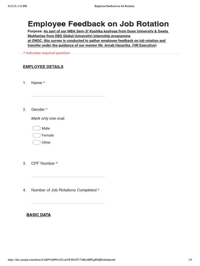 Employee Feedback On Job Rotation (ONGC) - Google Forms | PDF ...
