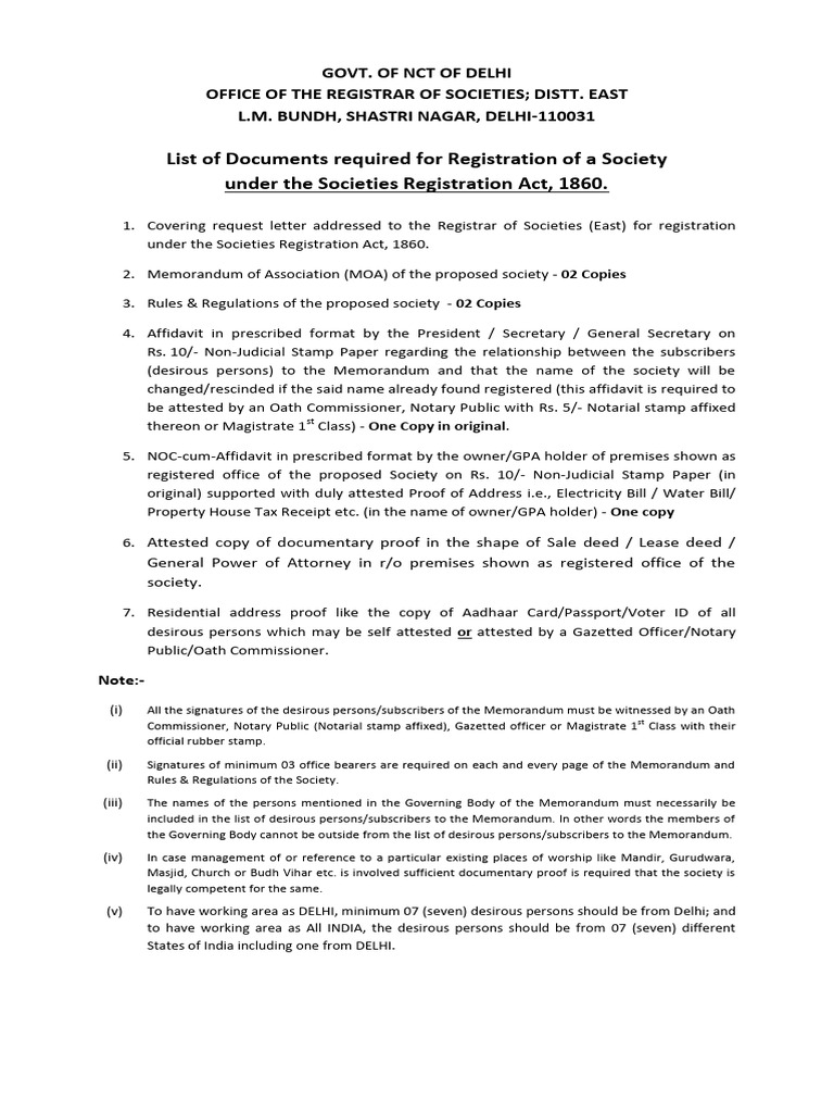 Society Registration Document Checklist | PDF | Notary Public ...