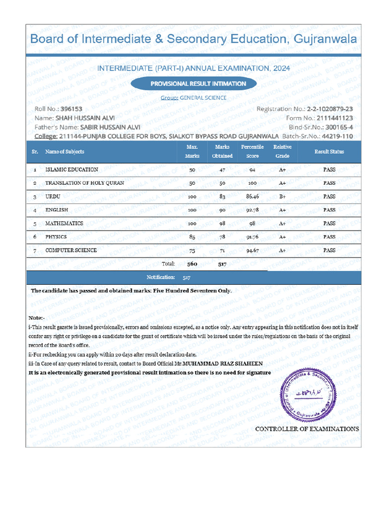 SH 1st Year Result | PDF