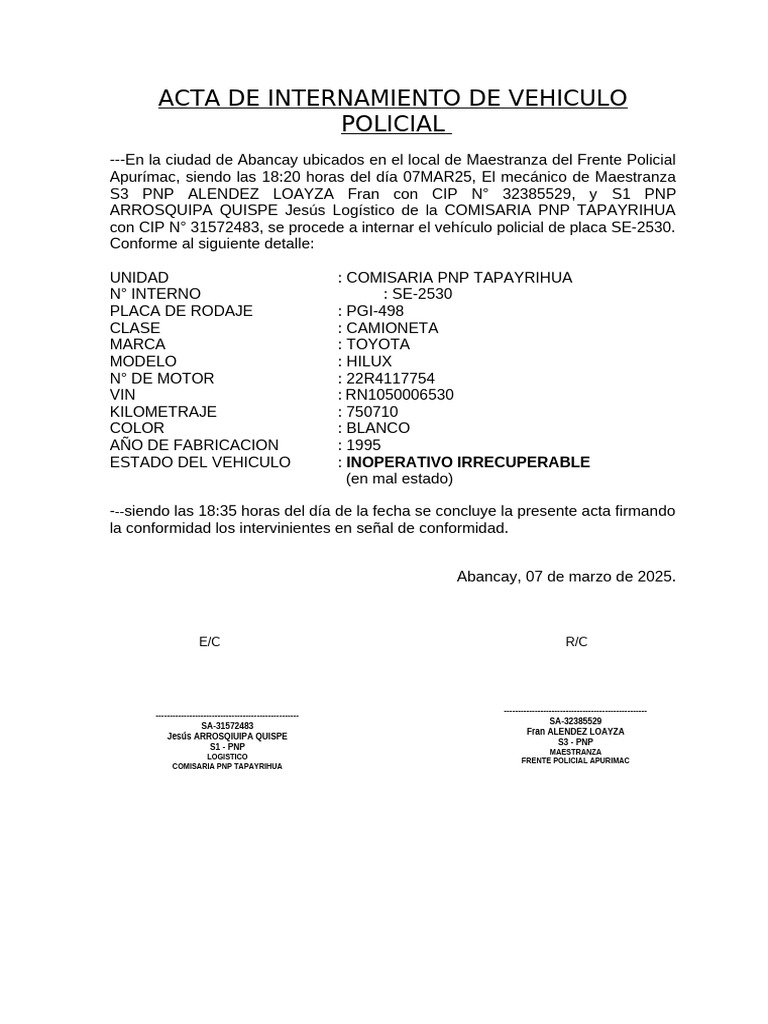 Acta de Internamiento Vehicular | PDF | Toyota | Vehículo de motor