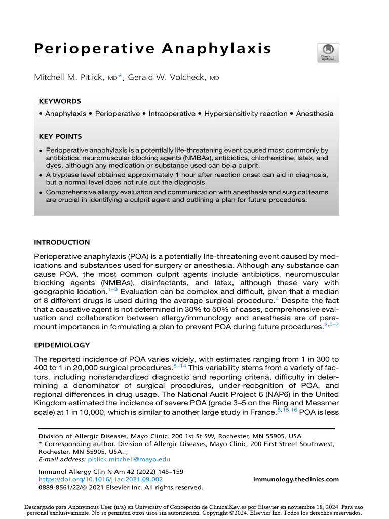 2022 Guidelines on Perioperative Anaphylaxis | PDF | Allergy | Medical ...