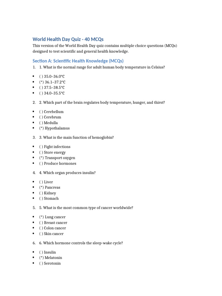 World Health Day Quiz: 40 MCQs | PDF | World Health Organization | Cancer