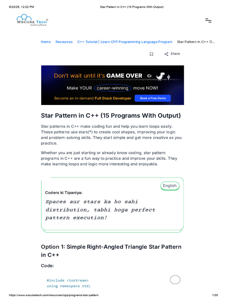 Star Pattern in C++ (15 Programs With Output) | PDF | Namespace | C++