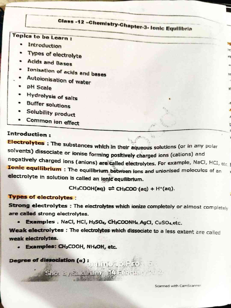 Ionic Equilibrium Part 1 Class 12 | PDF | Acid | Dissociation (Chemistry)